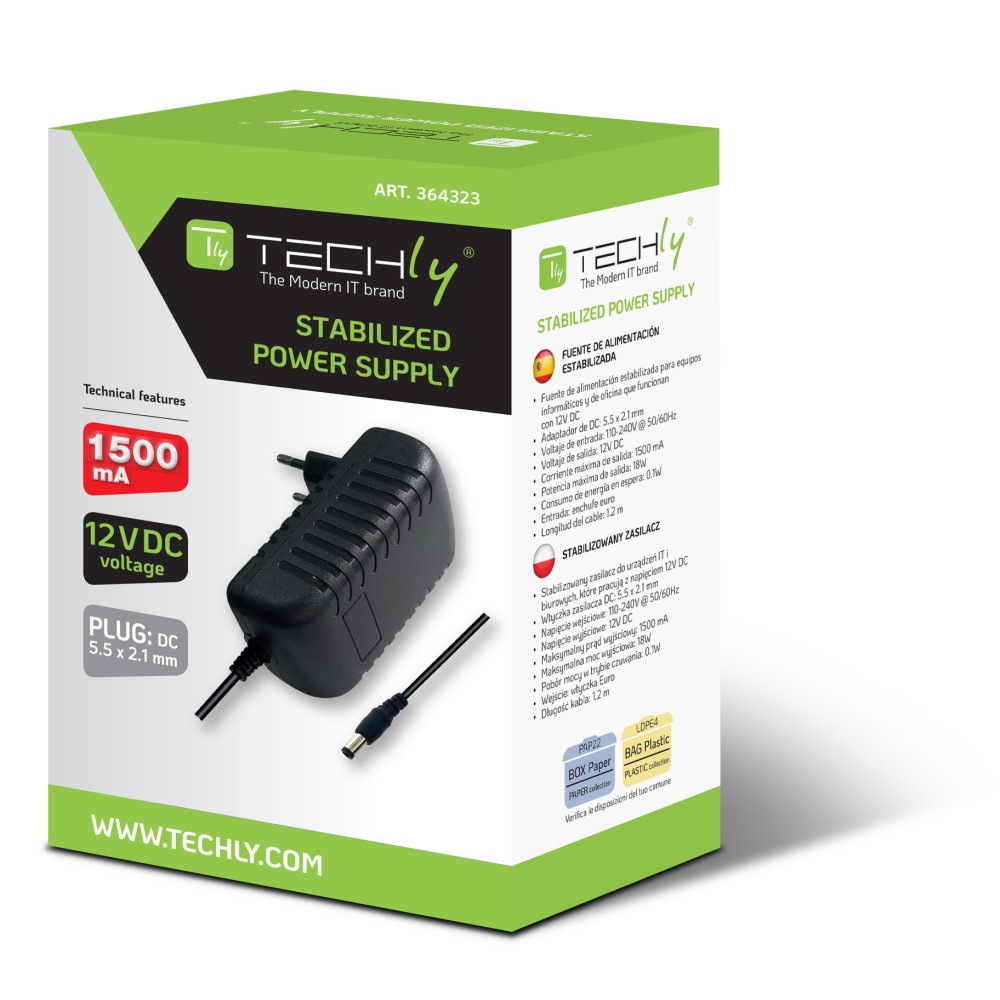 Universal Power Supply 12V 1500mA Plug 5.5 x 2.1mm Black - AC-DC power ...